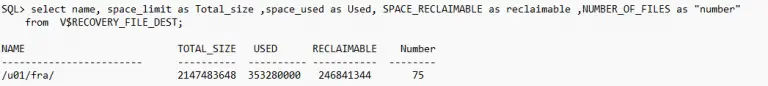how to check fra size in oracle: Location, usage, change size